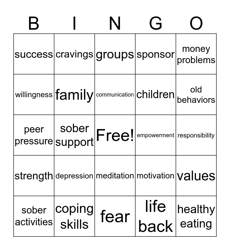 Sobriety Bingo Card