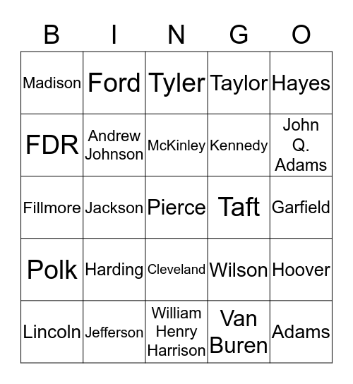 U.S. Presidents Bingo Card