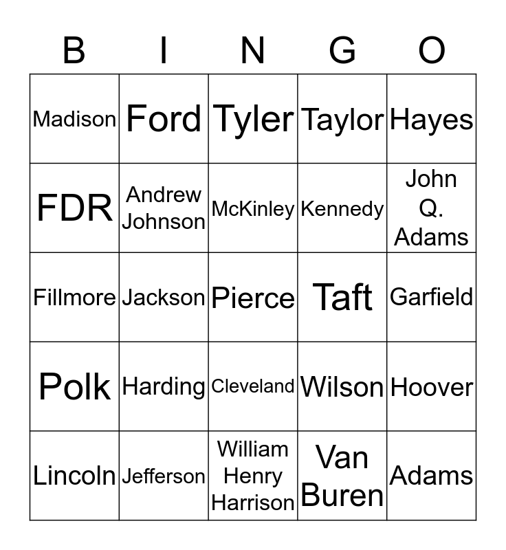 U.S. Presidents Bingo Card