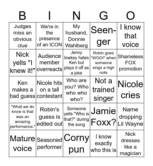 Masked Singer Bingo Card
