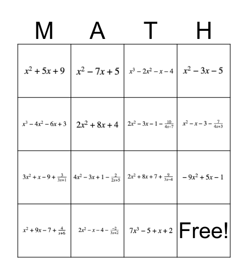 Dividing Polynomials Bingo Card