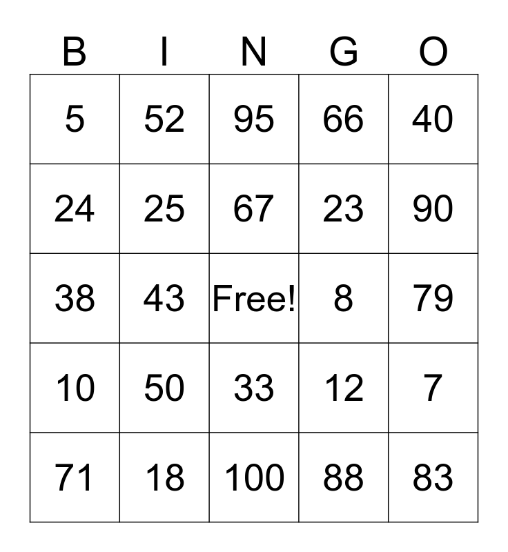 MENTAL MATH BINGO Card