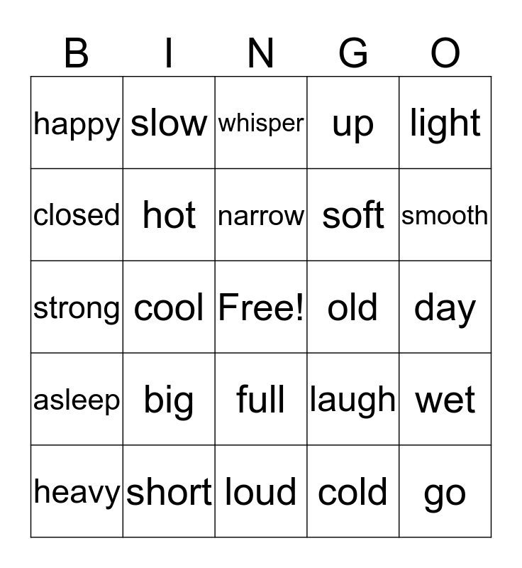 Opposites Bingo Card