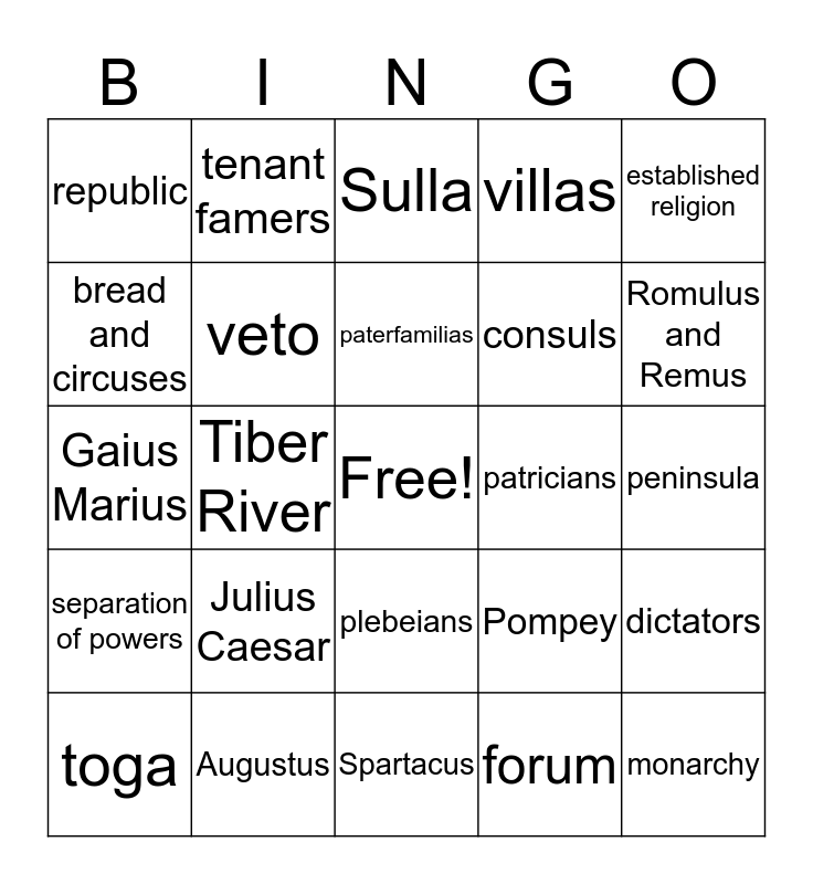 Ancient Rome Bingo Card