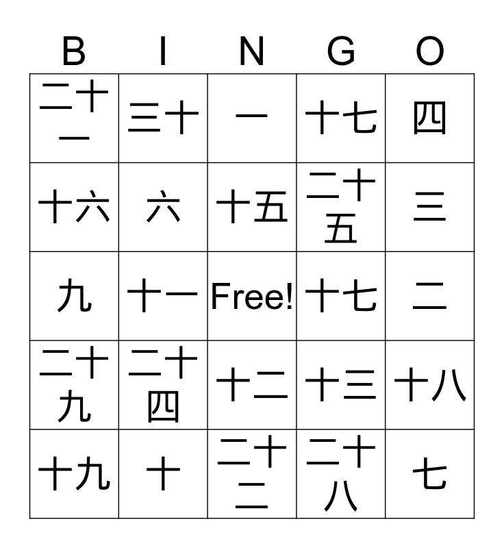 Kanji Bingo Card