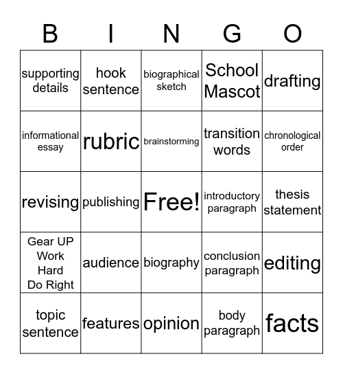 Informational Writing Bingo Card