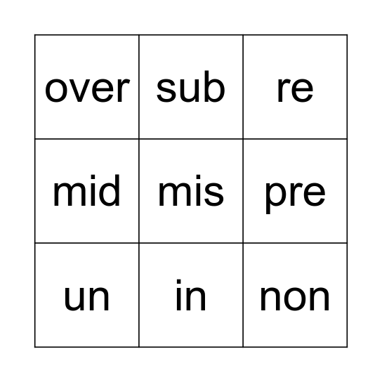 Prefix Bingo Card