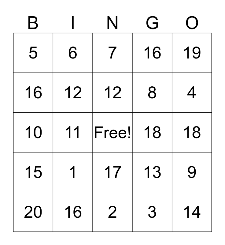 Numbers 0-20 Bingo Card