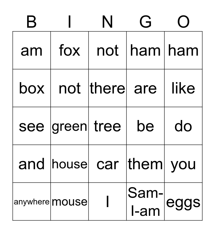 Green Eggs and Ham Bingo Card