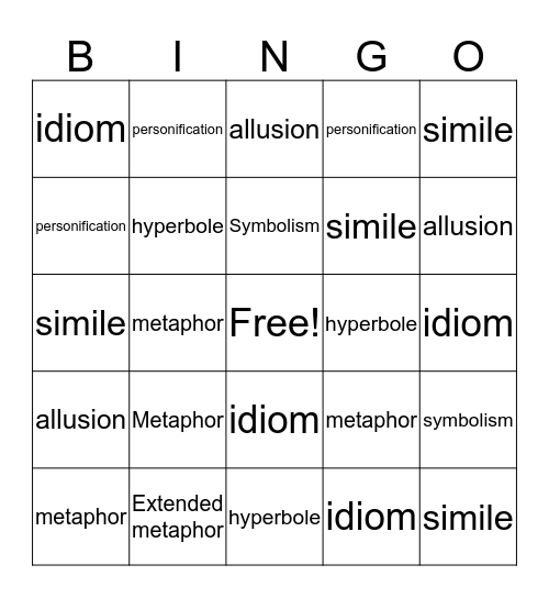 Figurative Language Bingo Card