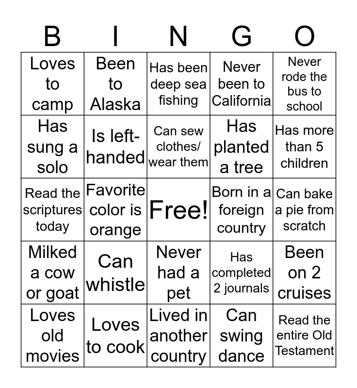 All About Me Bingo Card