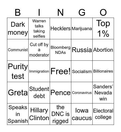 2/25/20 DEM DEBATE BINGO Card