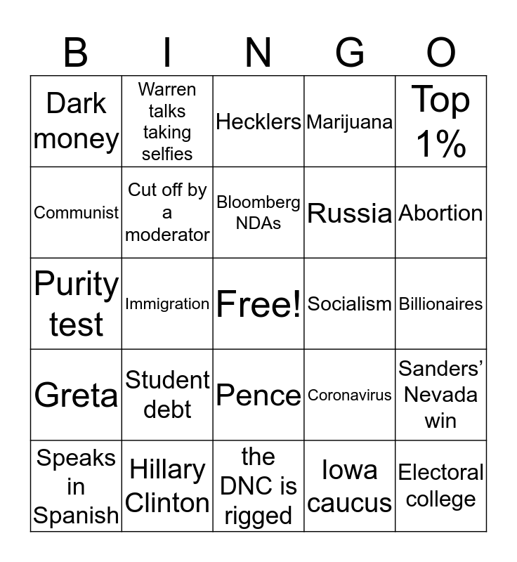 2/25/20 DEM DEBATE BINGO Card