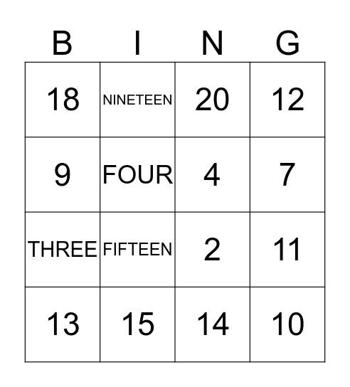 Numbers 1-20 Bingo Card