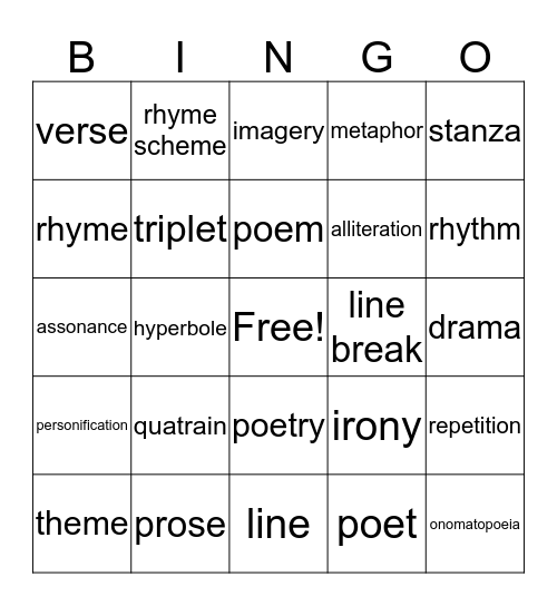 Mr. Pat's Poetry Bingo Card