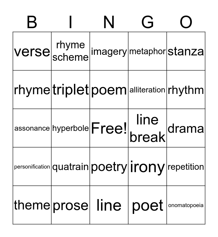 Mr. Pat's Poetry Bingo Card