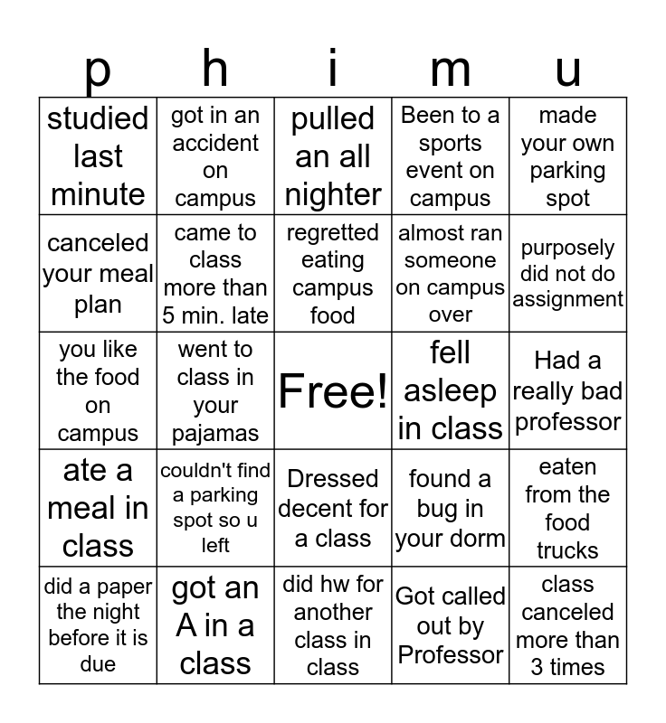 PHI MU BINGO Card