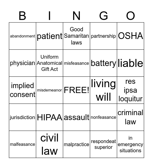 Law & Ethics Bingo Card