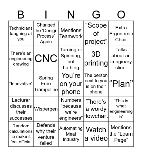 Engineering Design Lecture Bingo Card