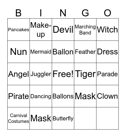 Carnival Bingo Card