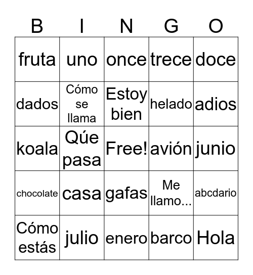 Spanish BINGO Card