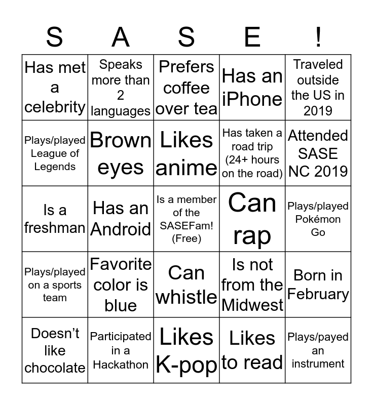 SASE MWRC 2020 Bingo Card