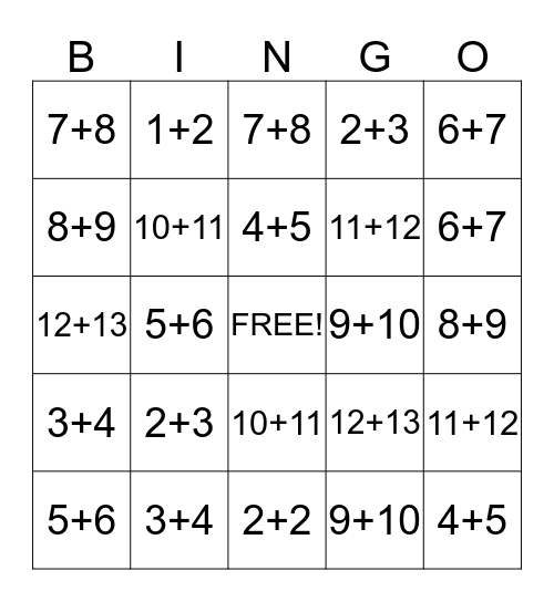 Double Addition Bingo Card