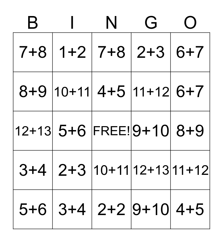 Double Addition Bingo Card