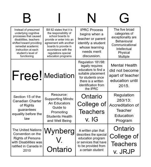 Chapter 9 Bingo Card