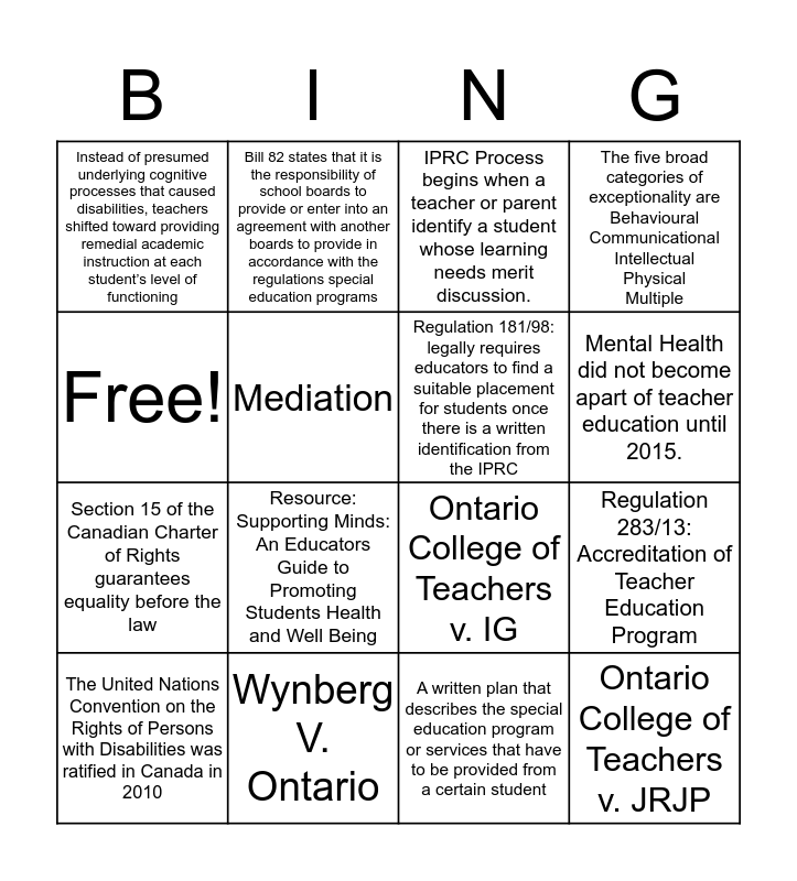 Chapter 9 Bingo Card