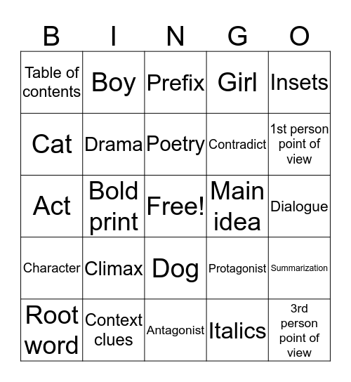STAAR VOCABULARY BINGO Card