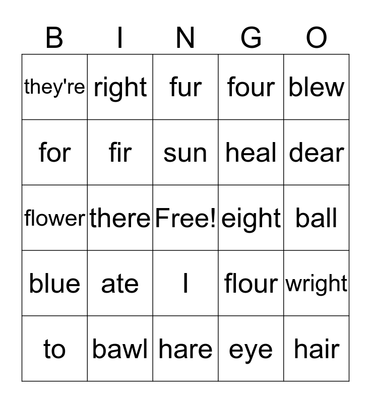Homophone Bingo Card