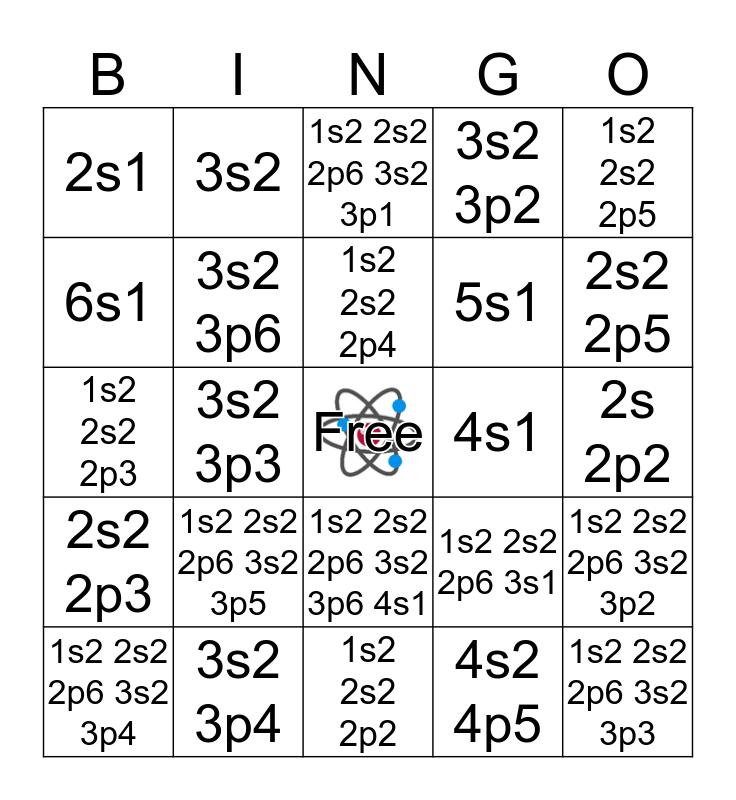 Electron Configuration Bingo Card
