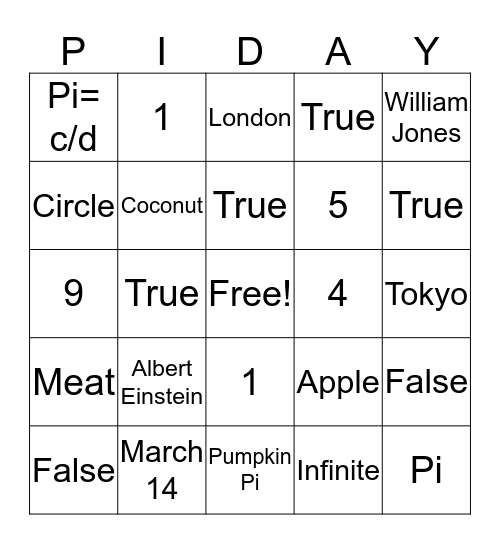 Pi Day Bingo Card