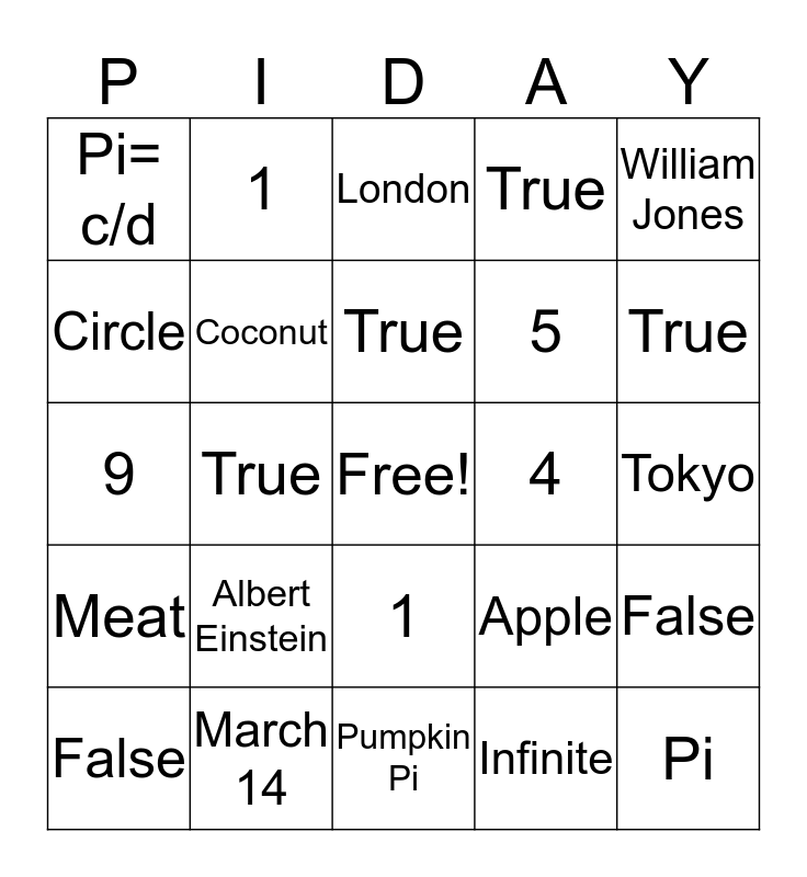 Pi Day Bingo Card