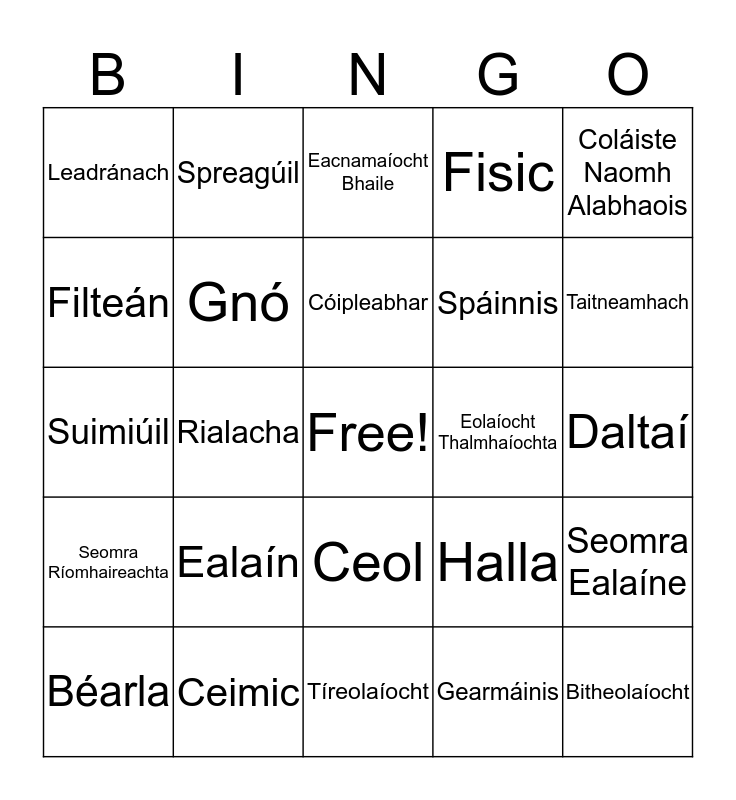 Scoil Bingo Card