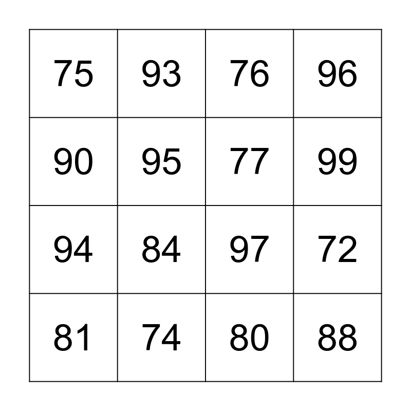 Les Nombres de 70 à 100 Bingo Card