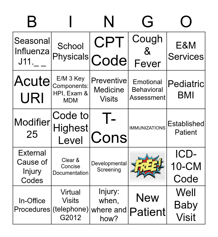 Pediatric Bingo Card