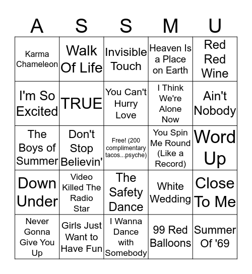 Round 6 ('80s Hits) - Straight Line Bingo Card