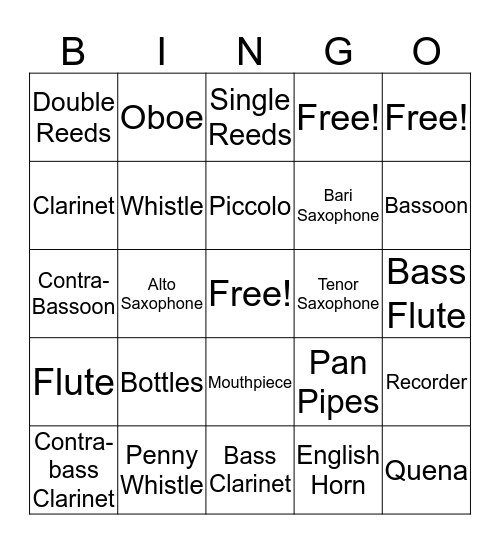 Woodwind Instruments Bingo Card