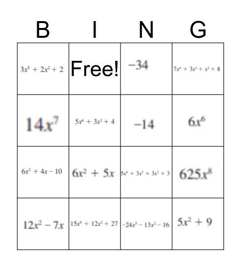 Polynomial Bingo Card