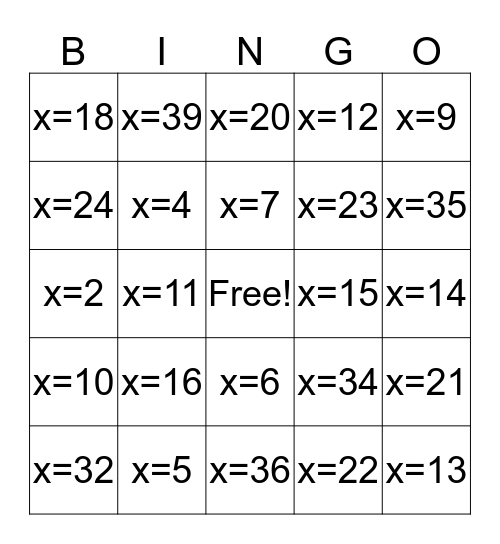 Solving 1-Step Equation Bingo Card
