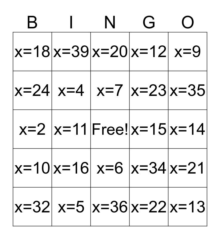 Solving 1-Step Equation Bingo Card