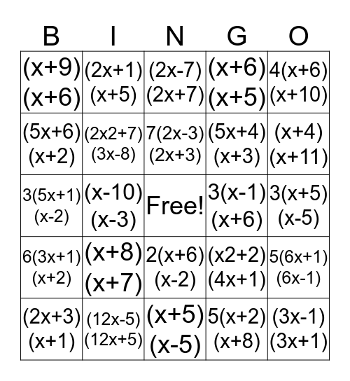 Factoring bingo Card