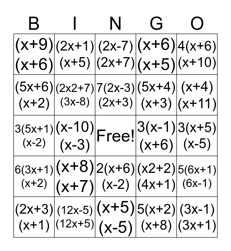 Factoring bingo Card
