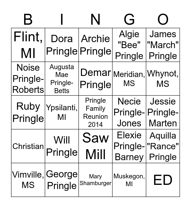 Pringle Family Bingo Card