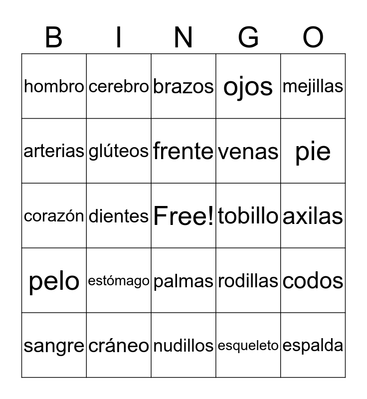 Partes del cuerpo Bingo Card