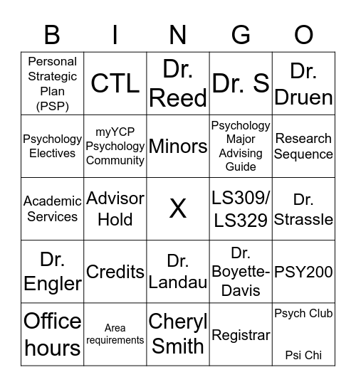 YCP Psychology BINGO!! Bingo Card