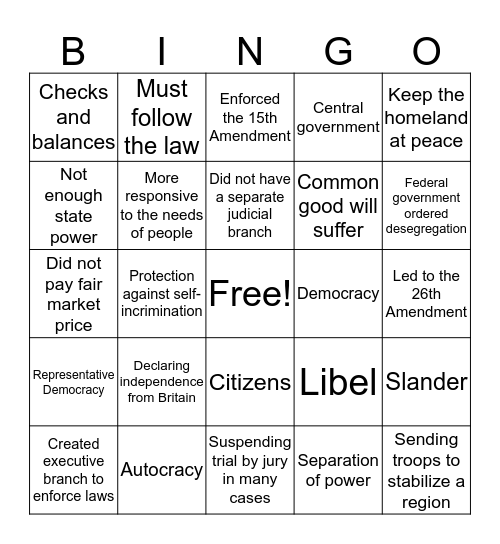 US History Review Bingo Card