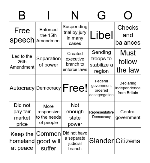 US History Review Bingo Card
